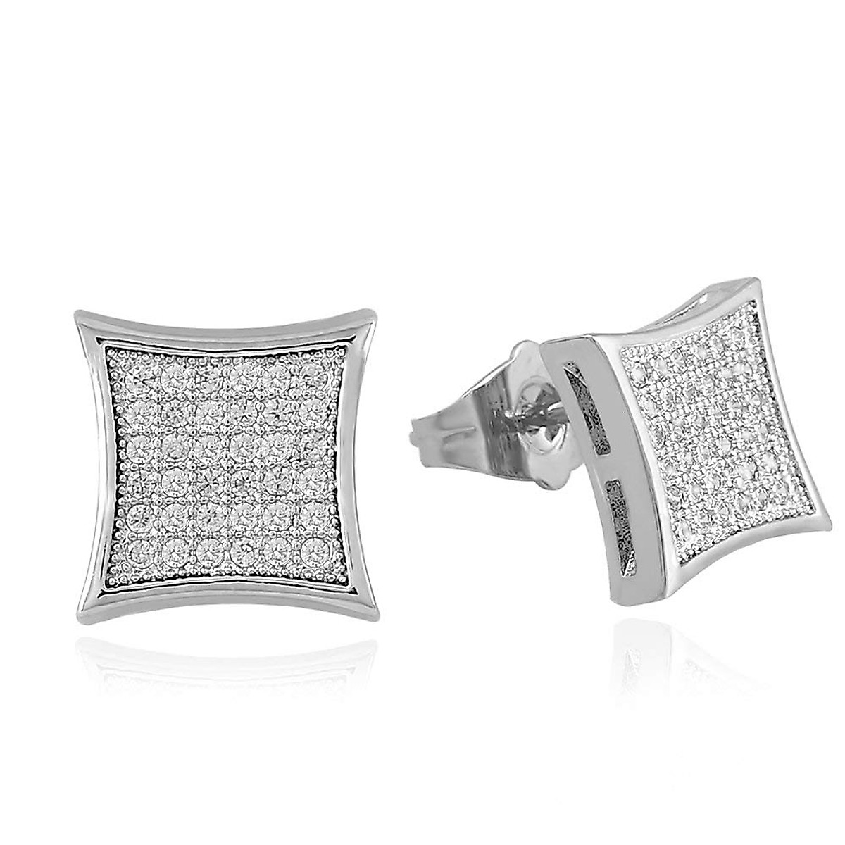 LuReen Mens Earring Silver Gold 11mm Square CZ Stud Earring for Men