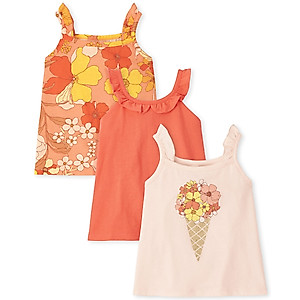 The Children's Place Baby 3 Pack and Toddler Girls Sleeveless Ruffle Tank Top, Floral Ice Cream/Rose Quartz/Desert Flower 3-Pack, 4T