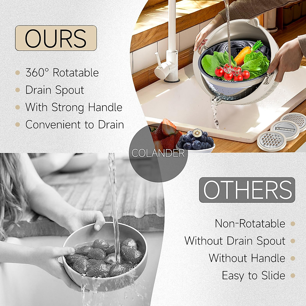 4-1 Colander with Bowl Set - Colander Bowl with Measuring Spoons - Fruit Strainer Bowl, Colanders & Food Strainers Stainless Steel, Rotatable Kitchen Colander Strainer Bowl - Beige