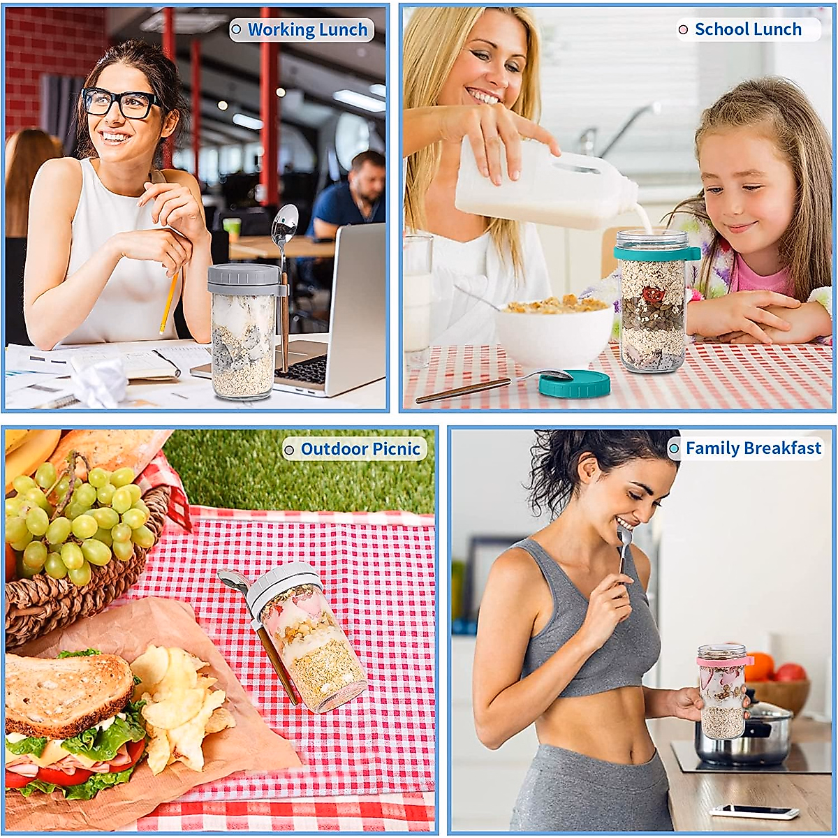 YehTrum Overnight Oats Containers with Lids and Spoon, 4 Packs 22 oz Glass Mason Jars for Overnight Oats, Large Capacity Oatmeal Container Mason Overnight Oats Jars for Milk, Cereal, Fruit