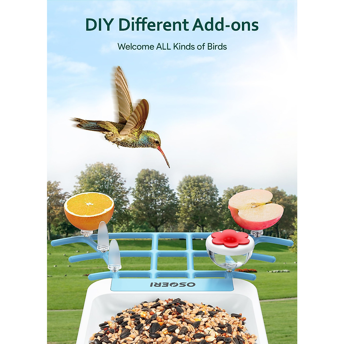 Osoeri Smart Bird Feeder with Camera, 1080P HD AI Identify Wild Bird Watching Camera, Auto Capture Bird Videos Motion Detection, DIY Addons Hummingbird Feeder, Bird Feeder Camera Gift for Bird Lover