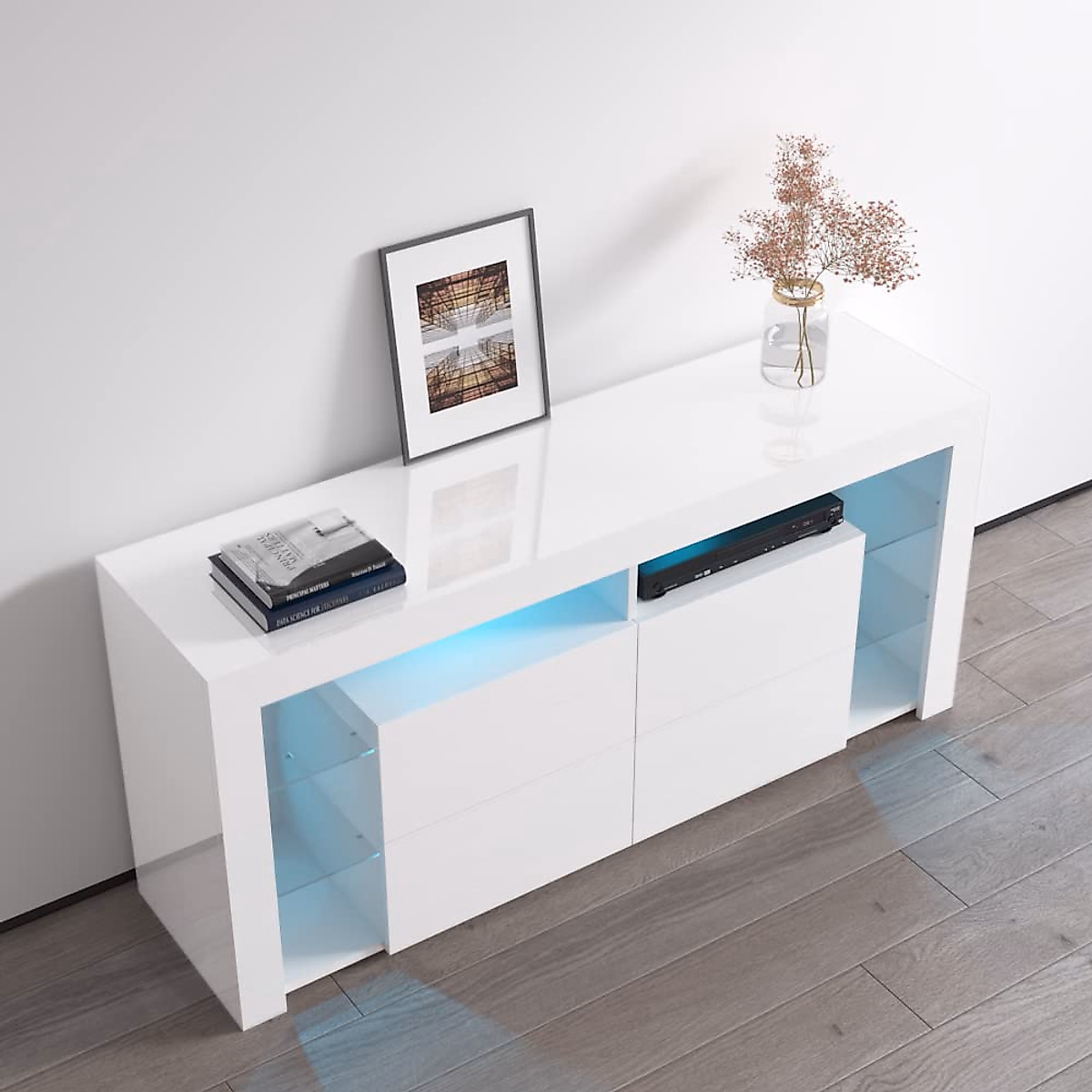 Meble Furniture Minelli TV Stand for TVs up to 70", Modern High Gloss 61" Entertainment Center, TV Media Console with Storage Cabinets and LED Lights