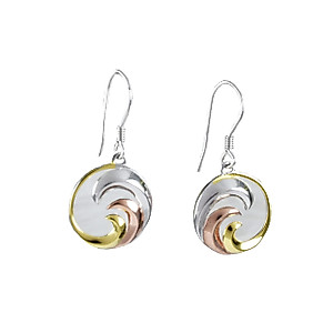 Beautiful Hawaiian Tri-color 3-tone Ocean Wave Earring, Sterling Silver Wave Dangle Earring, E8557