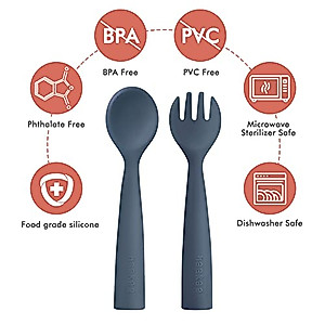 haakaa Toddler Forks and Spoons with Travel Safe Case,Self Feeding Toddler Utensils,Easy Grip Bendy Food-Grade Silicone,Bluestone,12m+