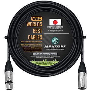 WORLDS BEST CABLES 20 Foot - Balanced Microphone Cable Custom Made Using Mogami 2549 (Black) Wire and Neutrik NC3MXX & NC3FXX Silver XLR Plugs