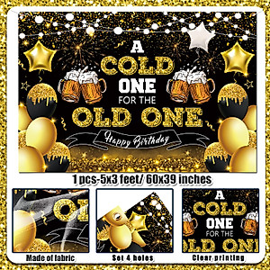 Beer Party Decorations,Black and Gold Happy Birthday Backdrop for Men A Cold One for The Old One Photography Background Banner for 30th 40th 50th Birthday Cheers and Beers Party Supplies
