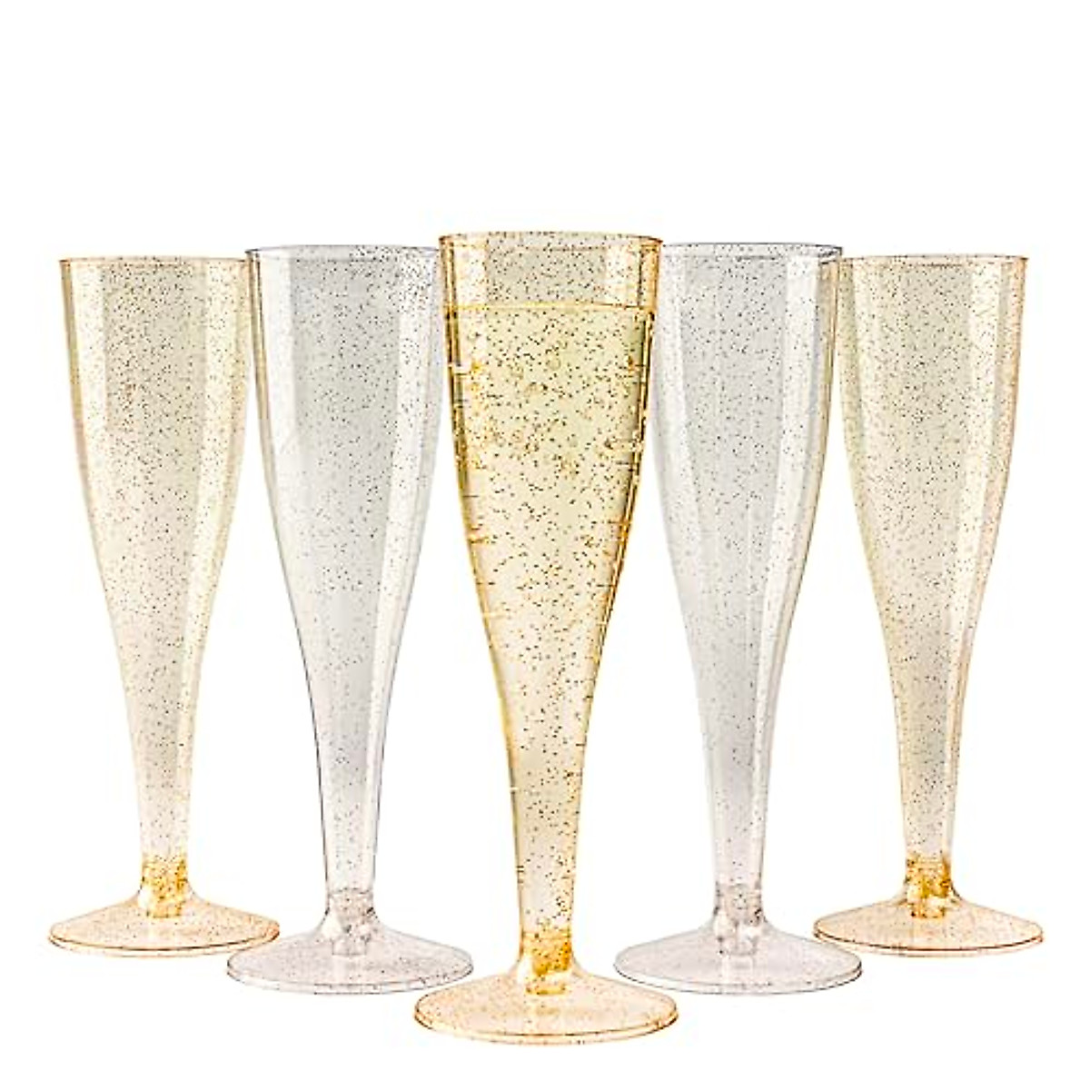 MATANA 120 Silver & Gold Glitter Plastic Champagne Flutes, 5 Oz Plastic Champagne Glasses for Parties, Clear Plastic Toasting Glasses, Mimosa Glasses, Wedding Party Cocktail Cups, Reusable | Bulk Pack