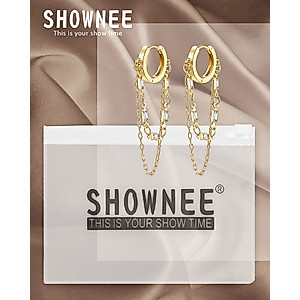 Shownee Tassel Chain Small Gold Hoop Dangle Earring For Women Huggie Earring Heart Star CZ 14K Gold Plated Fashion Jewelry Friendship Gift