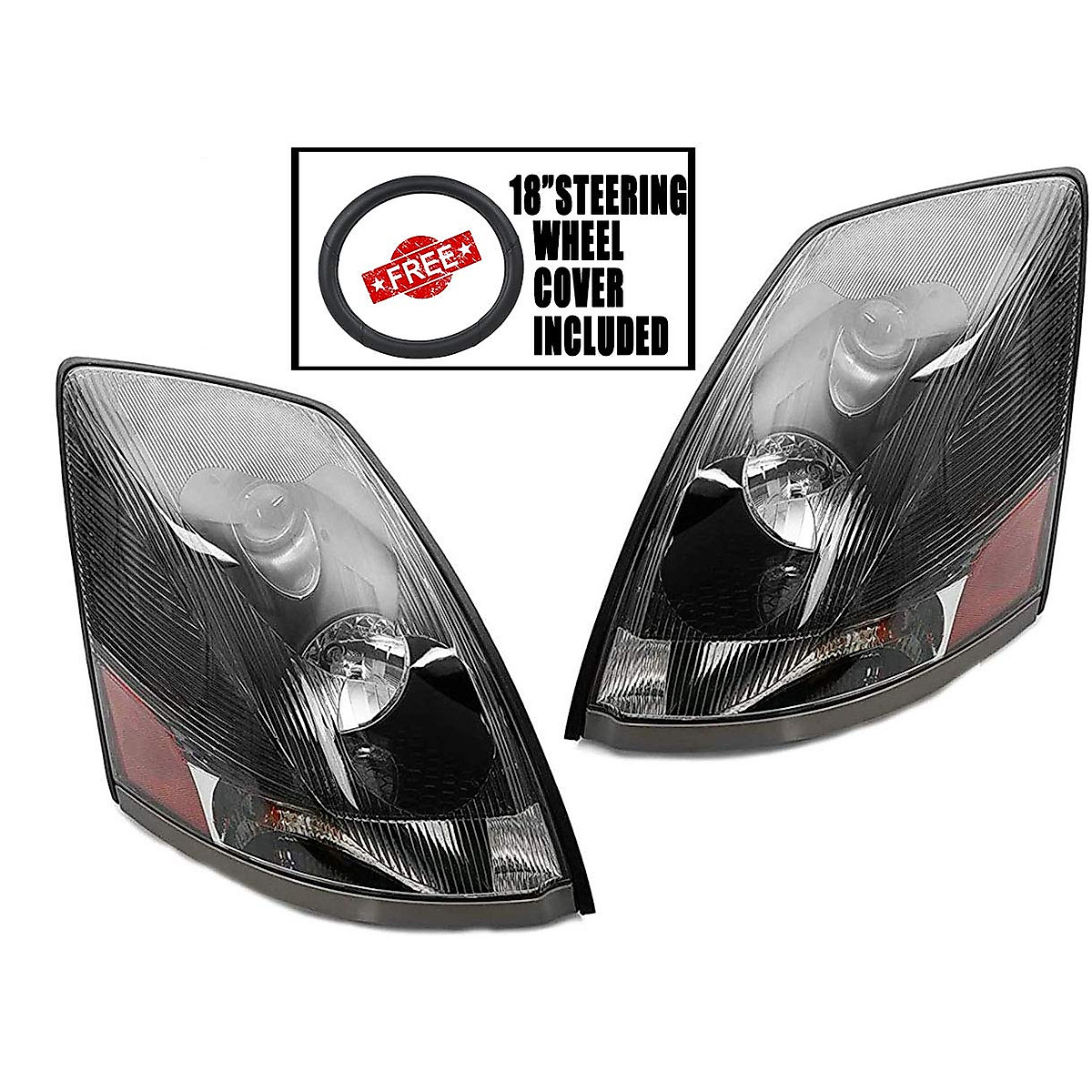Auto Parts Avenue Replacement Headlight Black for 2004-2018 04-18 VN VNM VNL 200 300 430 630 670 730 780 Pair Passenger Right RH Driver Left LH Side with Free 18" Steering Wheel Cover