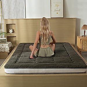 HIGOGOGO Japanese Floor Mattress for Adults, 4" Thick Sherpa Fleece Futon Mattress for Floor, Roll Up Sleeping Pads, Portable Folding Foam Floor Bed Tatami Mat, Shikibuton for Guest, Dark Grey, Queen