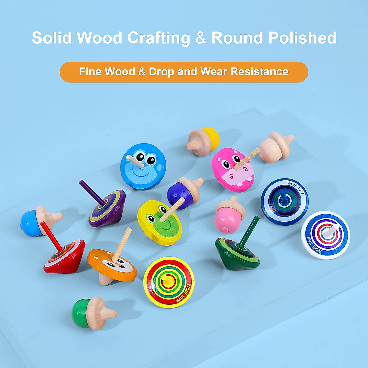 WODI Wooden Spinning Tops, 17 Pcs Wood Novelty Gyroscopes, Kids Handmade Painted Spinner, Kindergarten Toys, Vintage Craft Spin Top, Great Gift for Toddlers Girls Boys