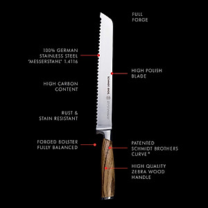 Schmidt Brothers - Zebra Wood, 8.5" Bread Knife, High-Carbon German Stainless Steel Mulitpurpose Kitchen Cutlery