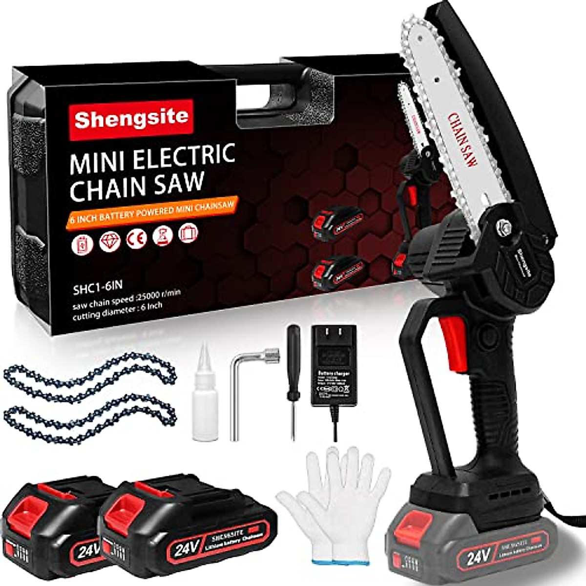 Mini Chainsaw 6-Inch with 2Pcs Battery, Brushless chainsaw with Safety Lock, Cordless hand saw with 2 chains, Handheld Small Chainsaw for Gardening Tree Branch Trimming (Black)