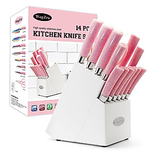 Rainbow Kitchen Knife Set Non Stick Knives with Wood Storage, Serrated Steak Knife, Chef Knife, Scissors with Built-in Sharpener, 14Pcs Ultra-Sharp Cutlery Block Sets for Home & Pro Use Best Gift