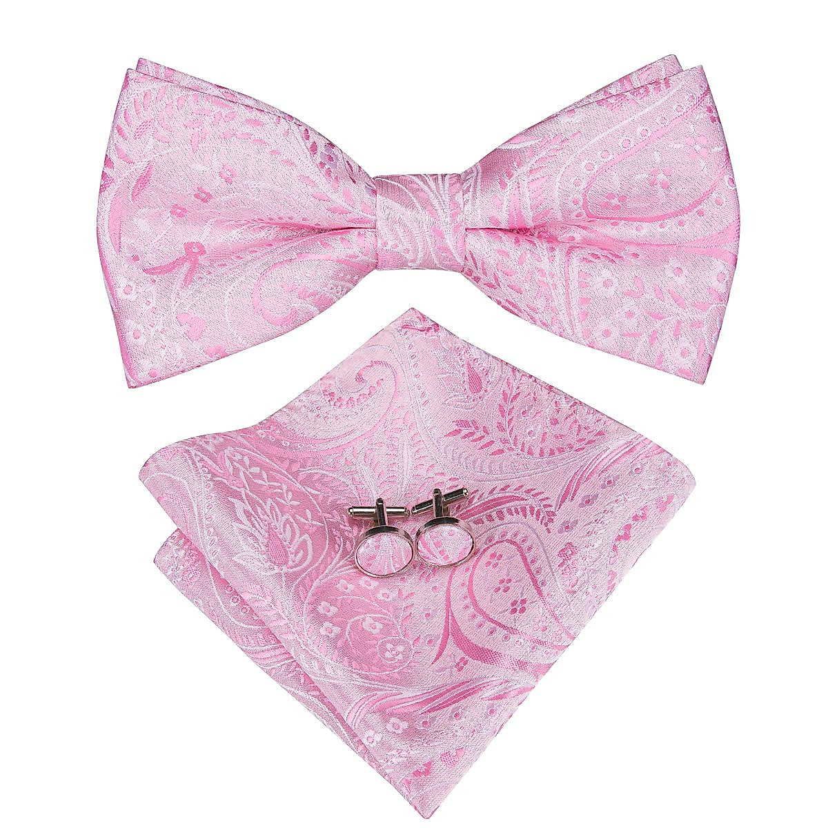 Hi-Tie Pink Paisley Bow Ties For Men Wedding Woven Silk Classic Pretied Bowtie and Pocket Square Cufflinks Set