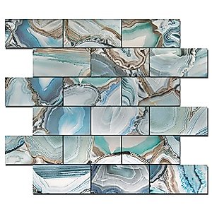 Kieacia 10-Sheet Peel and Stick Kitchen Backsplash Tiles, PVC Self-Adhesive Mosaic Tile Blue and Green Agate Color for Kitchen Bathroom Vanity Tabletop Fireplace