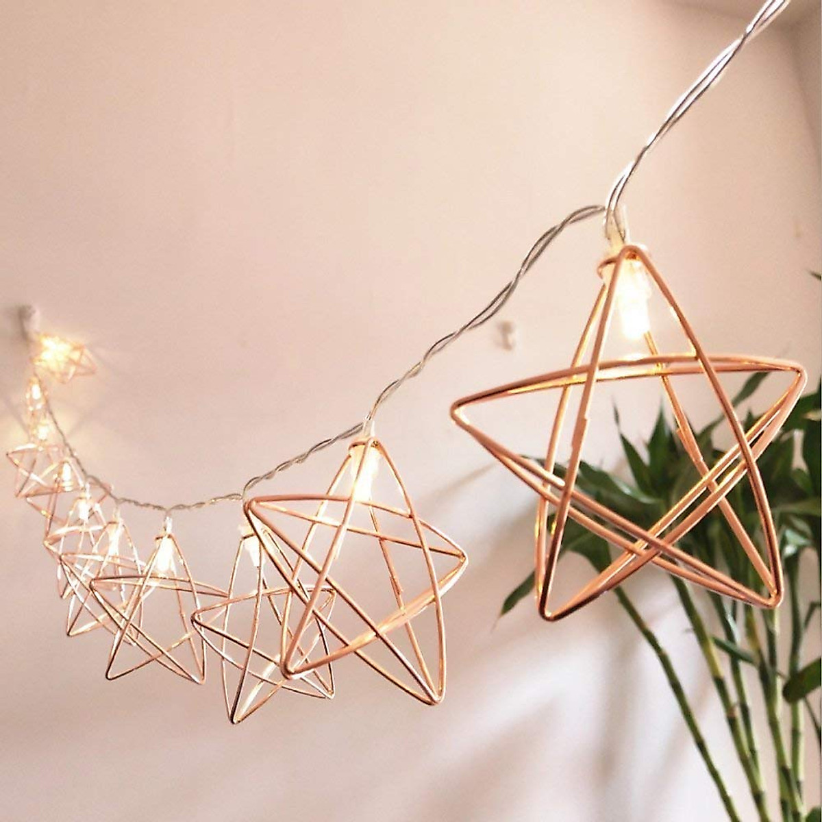 AMZSTAR 3M 20LED Rose Golden Metal String Lights, Geometric Lights Diamond Battery Powered Fairy Lights Indoor Decorative Lights for Home Bedroom Garden Wedding Party (Star)