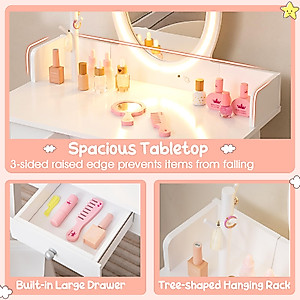 Costzon Kids Vanity, Girls Vanity Set with Mirror and Stool and Lights, Drawer, Jewelry Rack, 2 in 1 Wooden Princess Makeup Desk Dressing Table, Pretend Play Kids Vanity Table and Chair Set (White)