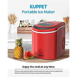 KUPPET Portable Ice Maker Machine for Countertop with LED Display Self-Cleaning Electric Ice Maker with Scoop and Basket, 9 Ice Cubes Ready in 6 mins, 26 lbs Ice in 24 hrs(Red)