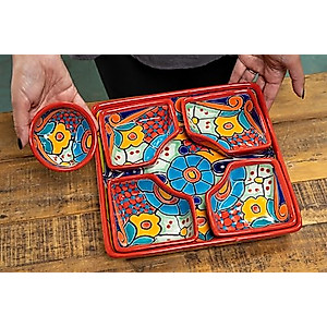 Enchanted Talavera Mexican Pottery Ceramic Large Appetizer Tray Serving Dishes Platter Dish Food Plate Condiments Organizer (Square 6 Piece Set, Red)