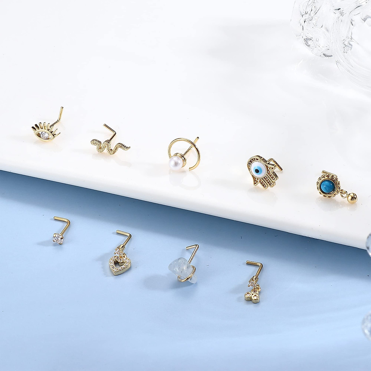 ORAZIO 9Pcs Dangle Nose Rings 20G Nose Ring Stud for Women Stainless Steel L Shaped Nose Rings Heart Snake Evil Eye Nose Studs Dangling Nose Piercing Jewelry