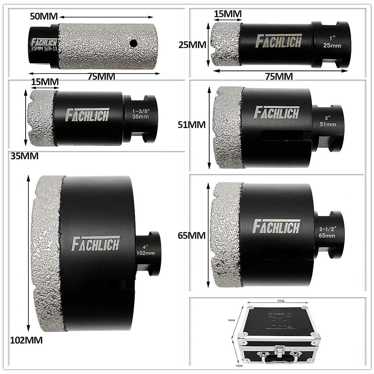 FACHLICH Diamond Hole Saw Kit Tile Hole Saw Kit 25/35/51/65/102mm/25F Diamond Core Drill Bits Set for Porcelain Tile Granite Marble Masonry Brick
