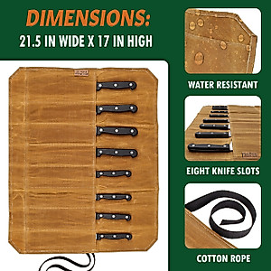 BRUJANE Knife Roll Bag with Cotton Rope | Waxed Canvas Knife Bag for Chefs & Culinary Enthusiasts | Folding Design | 8 Pockets, Holds 7.87-inch Knives (17”L x 21.5”W)