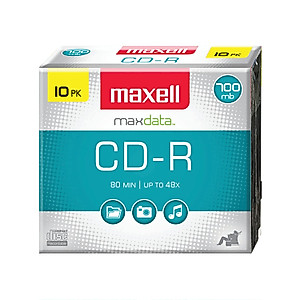 Maxell 648210 CD-R Discs, 700MB/80min, 48x, w/Slim Jewel Cases, Silver, 10/Pack
