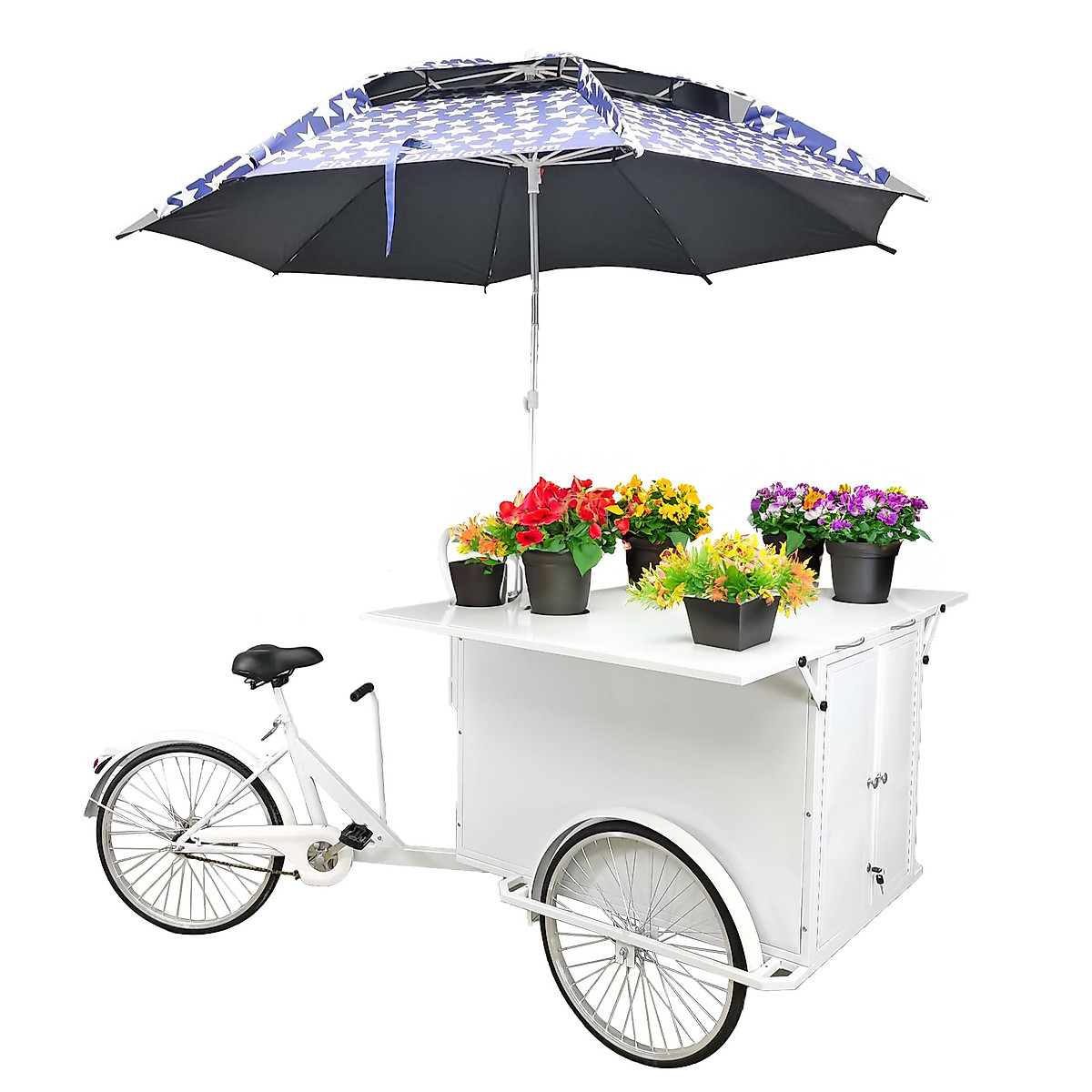 Fixturedisplays® 24" Tire 90 X 51.5 X 41" White Vending Trike Mobile Food Beverage Bike Cart White Blue Star with 86.6" Umbrella 10165-NF