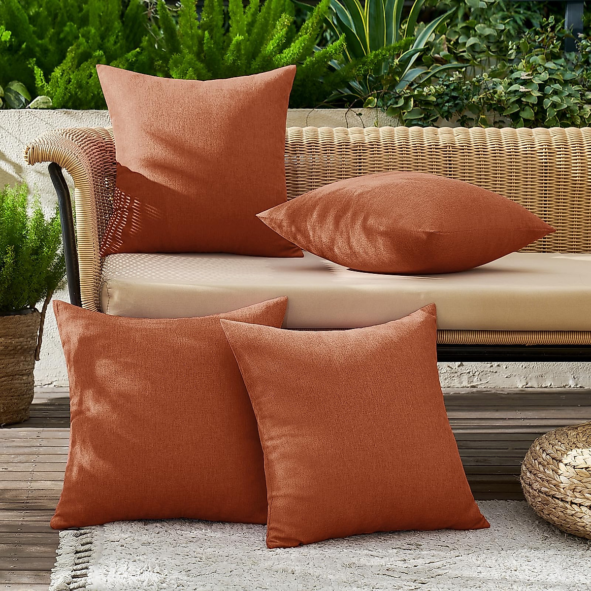 MIULEE Fall Pack of 4 Decorative Outdoor Throw Pillow Covers Linen Waterproof Pillow Covers Farmhouse Cushion Cases for Patio Garden Tent Balcony Couch Sofa 16x16 inch Rust