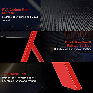 Tangkula Computer Desk Gaming Desk, Ergonomic Gamer Workstation with Cup & Headphone Holder and Mouse Pad, Gamer Desk with Carbon Fiber Surface and R-Shape Steel Frame (Black & Red)