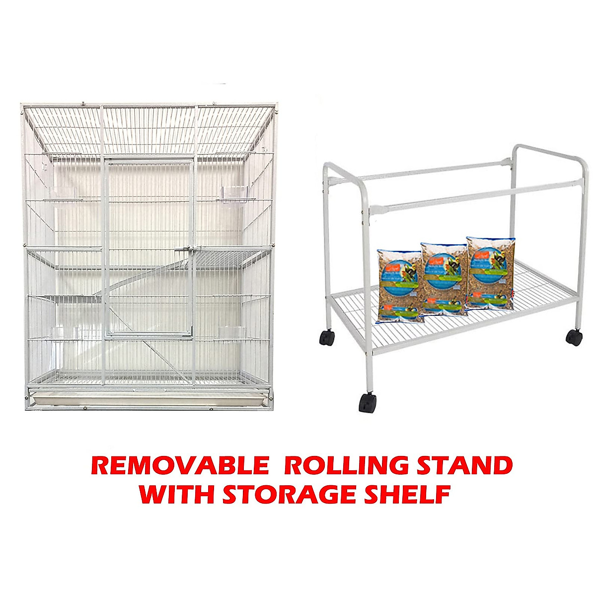 Double Extra Large 3-Tiers Small Animals Critters Wrought Iron Cage Tight 1/2-inch Bar Spacing Center Divider Removable Rolling Stand (63" Lx19 Dx64 H, White Vein)