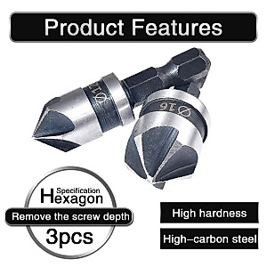 HOHXEN 3Pcs 1/4'' Hex 5 Flute 90 Degree 1/2'' 5/8'' 3/4'' Countersink Drill Bit for Wood Metal Quick Change Set