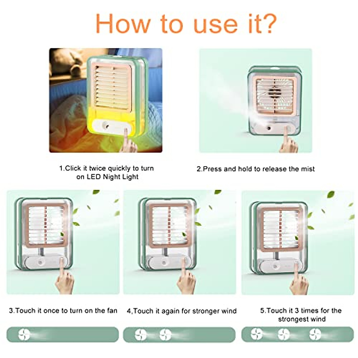 Small Desk Fan with Mist Spray,LED Night Light,Electric Battery Operated Water Misting Fan,USB Rechargeable Portable Quiet Mini Desktop Table Cooling Fan for Office,Camping,Indoor,Outdoor (Green)