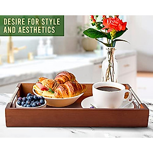 Set of 2 Modern Bamboo Serving Trays with Metal Handles – Bamboo Nesting Trays – Large, and Small Trays Set for Food, Ottoman Décor & More – Bamboo Trays for Breakfast - Brown