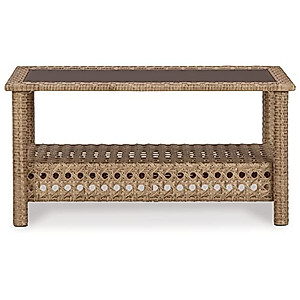 Signature Design by Ashley Braylee Outdoor 2 Piece Patio Driftwood Resin Wicker Cushioned Loveseat and Table, Rustic
