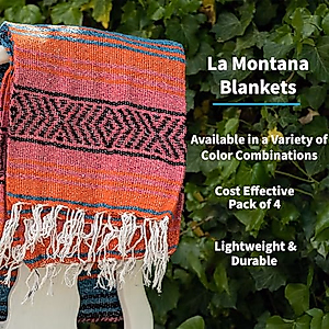 La Montana Mexican Blankets and Throws, 4 Pack, 74"x50" - Made in Mexico, Lightweight Yoga Blanket for Schools, Studios, Outdoors, Camping, Picnic, Decor - Machine Washable, Turquoise/Coral/Orange