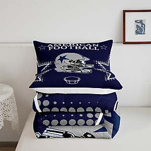 American Football Comforter Set Queen Size Rugby Helmets Bedding Set 3pcs for Kids Boys Teens Men Bedroom Decor Ball Sports Gaming Quilted Duvet Modern Grey Stars Print Duvet Insert,Navy Blue