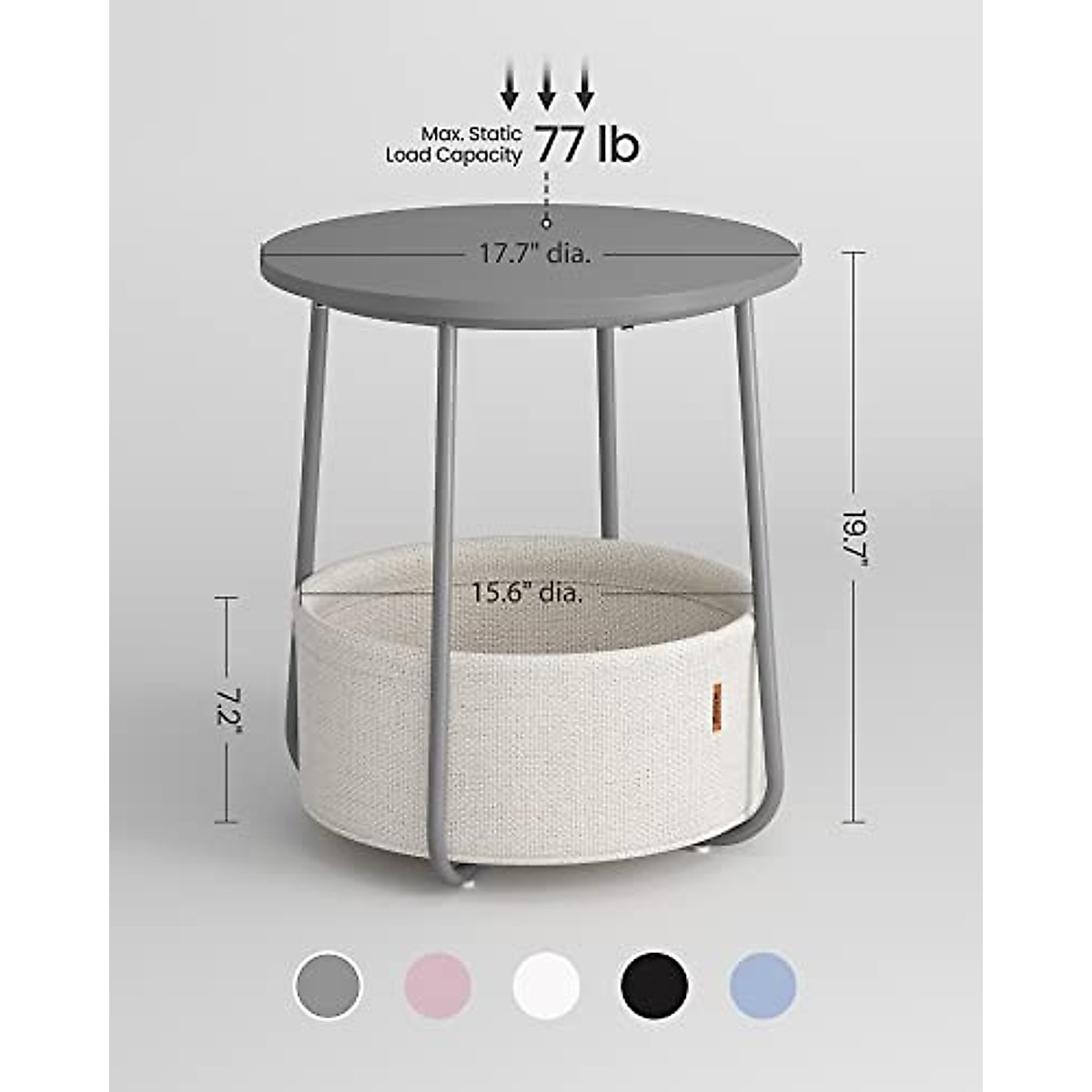 VASAGLE Small Round Side End Table, Modern Nightstand with Fabric Basket, Dove Gray, Classic White