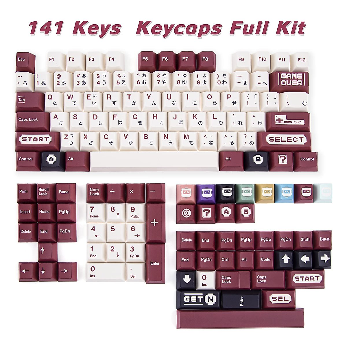 Cherry Profile PBT Keycaps 141 Keys Set Custom Dye Sublimation ANSI Layout for Cherry MX Switches Gateron Kailh Box Mechanical Keyboards Retro FC Gaming Theme