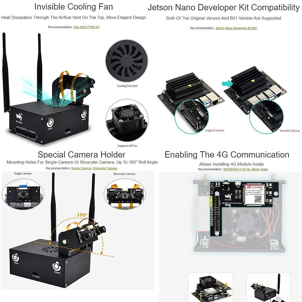 waveshare Metal Case (C) Enclosure for Jetson Nano Developer Kit and B01 Version with Camera Holder,Reset,Power Buttons Compatible IMX219 Series Camera,Wireless-AC8265,Cooling Fan