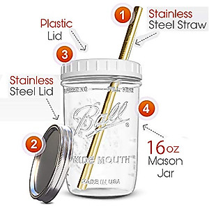 Reusable Wide Mouth Smoothie Cups Boba Tea Cups Bubble Tea Cups with Lids and Gold Straws Mason Jars Glass Cups (2-pack, 16 oz mason jars) Brand Capsule Classic