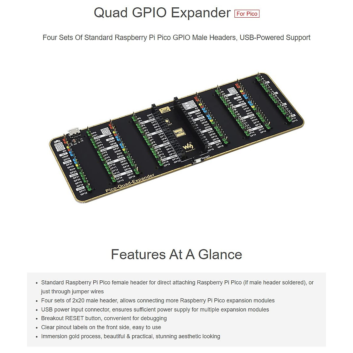 Waveshare 4xPorts Quad GPIO Expander Supports USB External Power Supply for Raspberry Pi Pico Series Motherboard