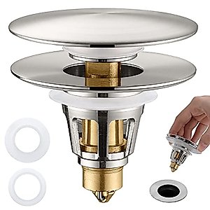 2-in-1 Universal Bathroom Sink Stopper - Brushed Nickel Pop Up Sink Drain Stopper, Brass Bounce Bullet Core Sink Stopper Replacement, Wash Basin Drain Filter Plug with Anti-Clogging Strainer