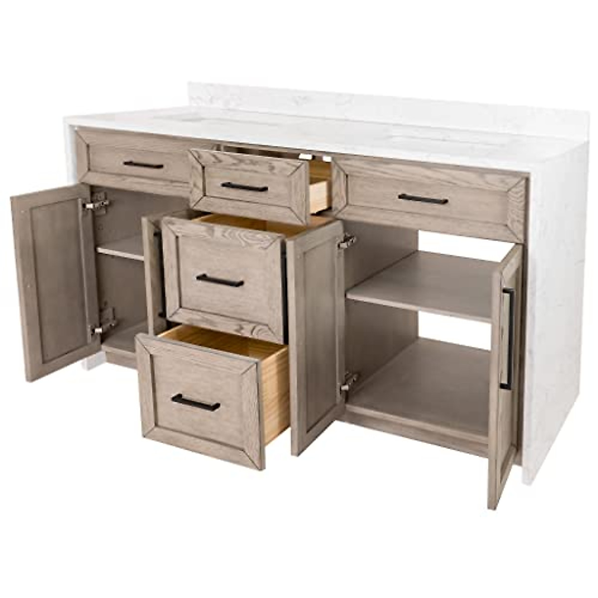 Kitchen Bath Collection Palisade 60-inch Double Bathroom Vanity (Engineered Marble/Gray Oak): Includes Gray Oak Cabinet with Engineered Marble Waterfall Countertop and White Ceramic Sinks