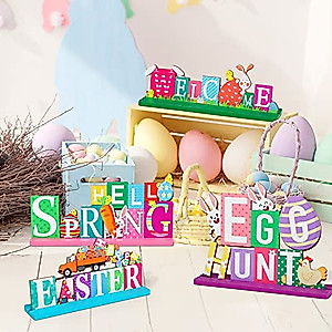 Fovths 4 Pack Easter Wooden Centerpiece Table Decorations Spring Table Decor Signs Tabletopper Centerpiece Signs for Easter Home Office Holiday Party Decorations
