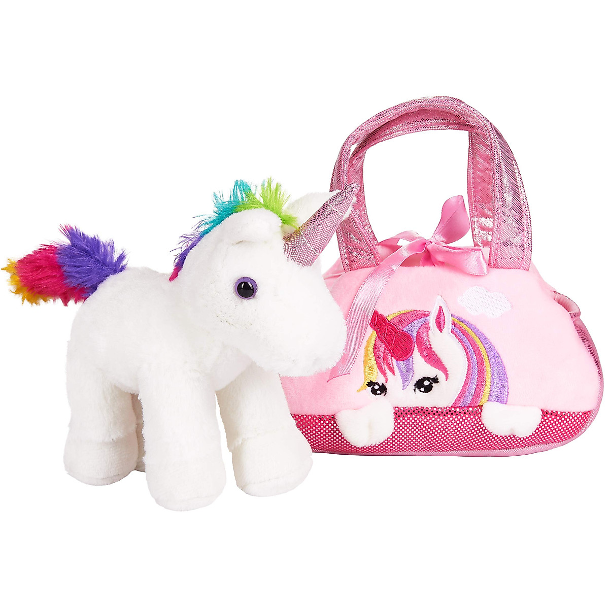 BRUBAKER Rainbow Plush Unicorn in Handbag - 8 Inches - Soft Toy in Bag - Cuddly Toy - Stuffed Animal - Pink