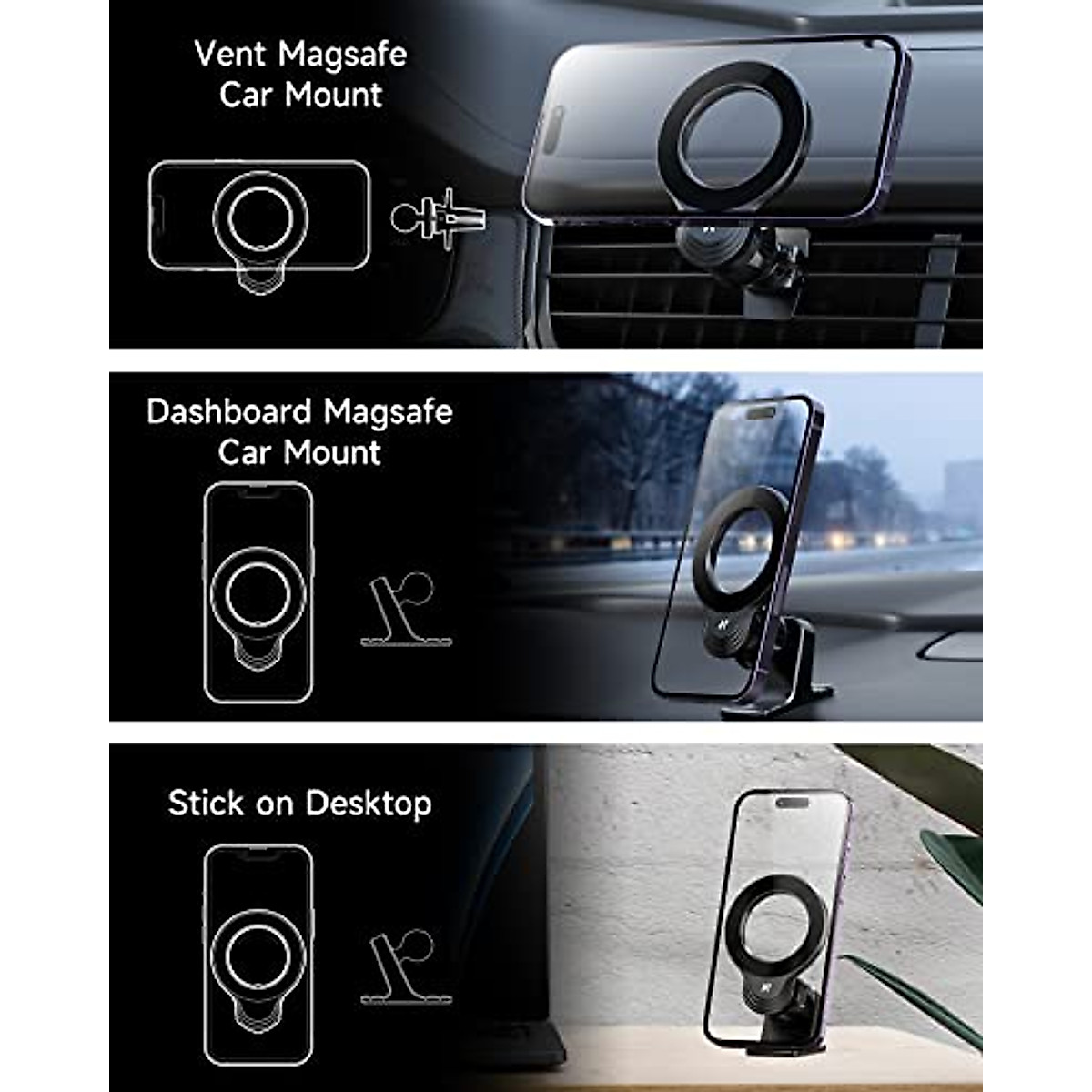 Compatible with Magsafe Car Mount, Magnetic Phone Holder for Car [Strongest Magnets],2 in 1 Super Stable Dashboard & Air Vent Car Phone Mount Fit for iPhone 14/14 Pro/14 Max/13/13 Pro All Phones