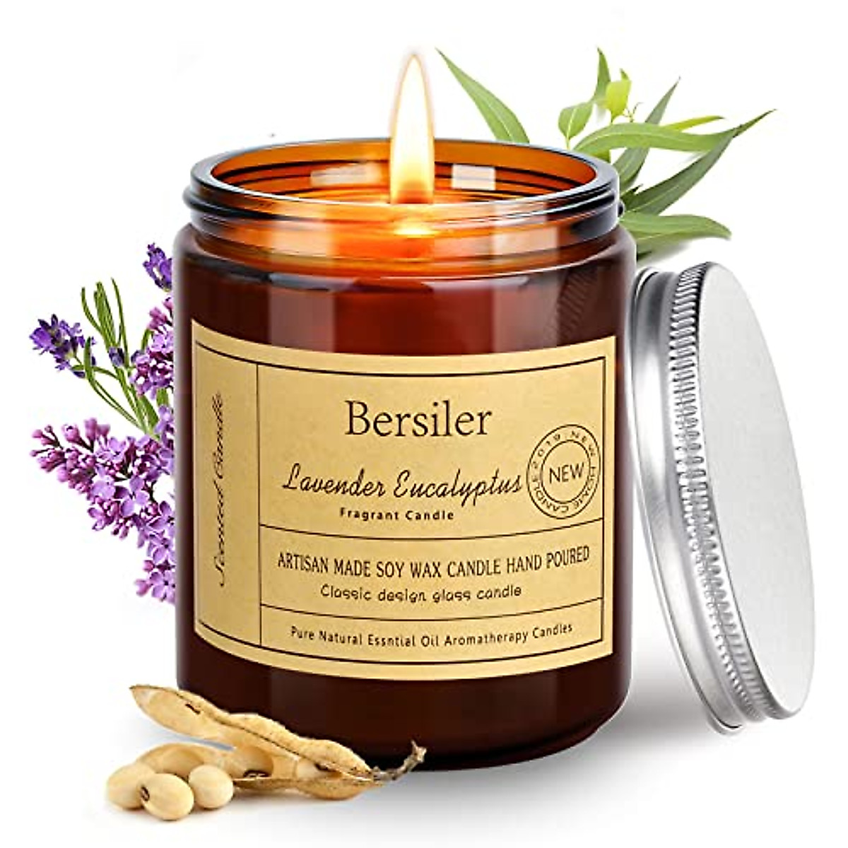 Bersiler 7 OZ Lavender Eucalyptus Candles for Home Scented Brown and Black Jar Stress Relief and Relax for Home & Bedroom Gift for Women/Men Soy Wax