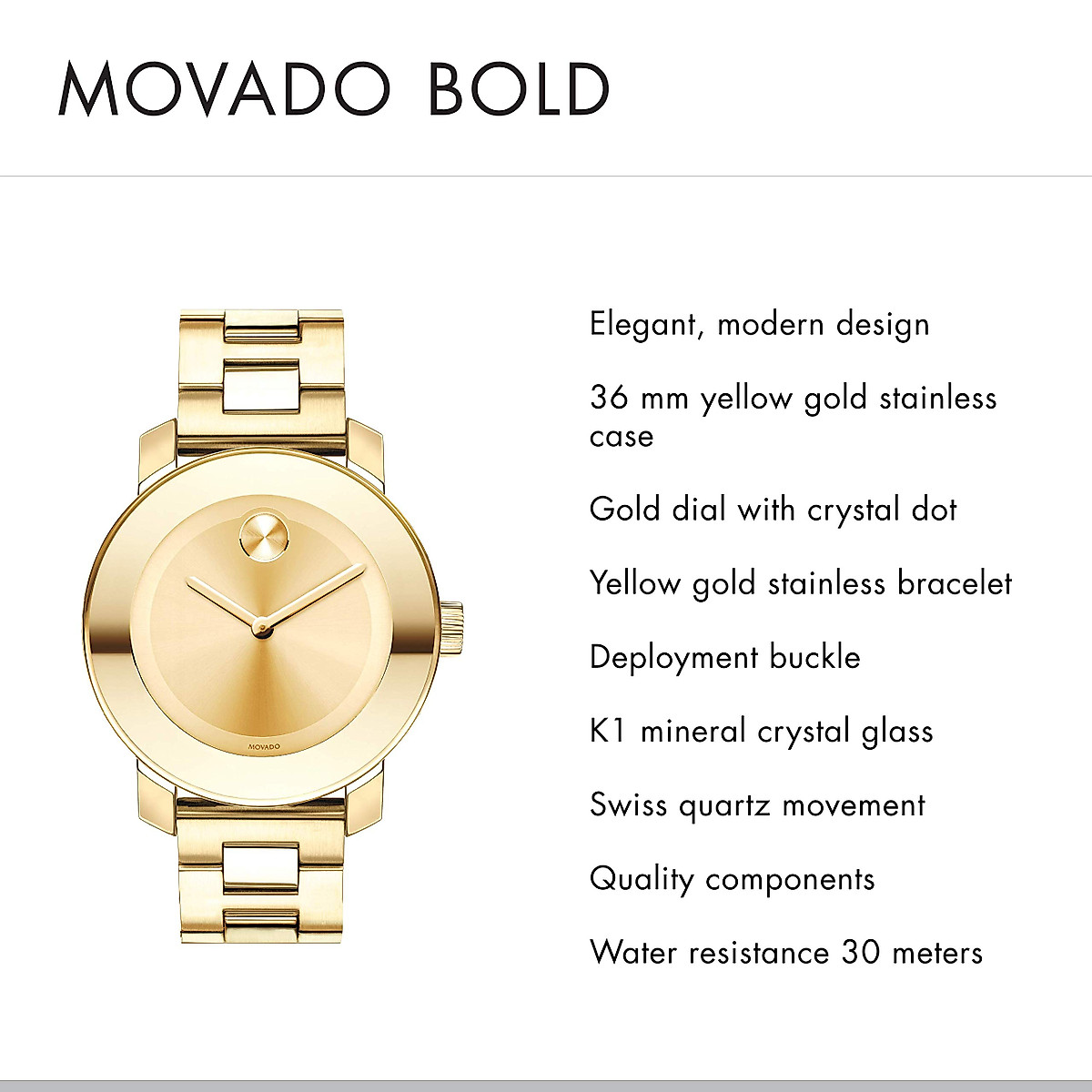 Movado Women's BOLD Iconic Metal Yellow Gold Watch with a Flat Dot Sunray Dial, Gold (Model 3600085)